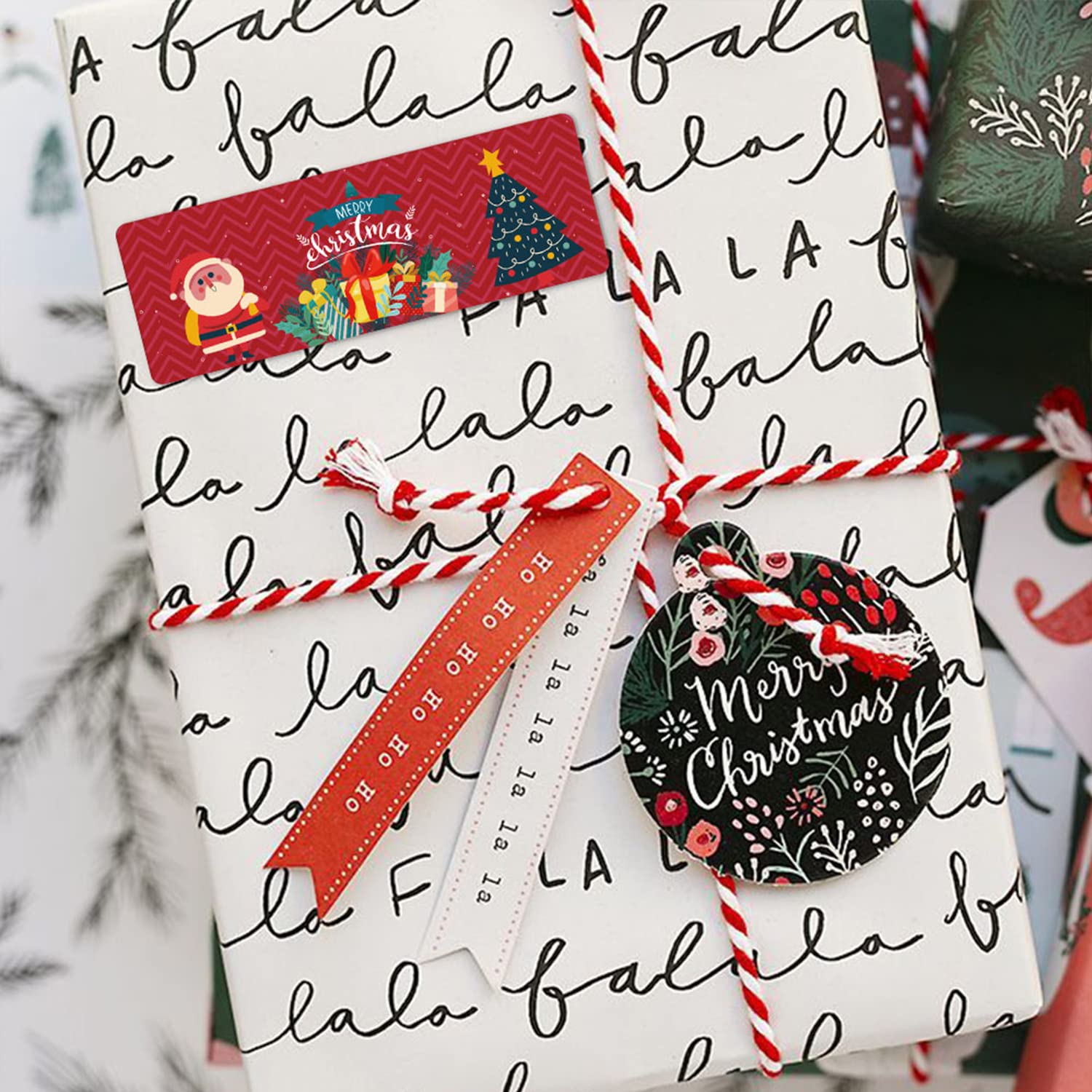 Voxopex258 480pcs Merry Christmas Stickers Labels Christmas Holiday Rectangular Adhesive Labels Sticker Roll for Cards Present Candy Envelopes Boxes Bag Sealing Xmas Party Decorations Supplies