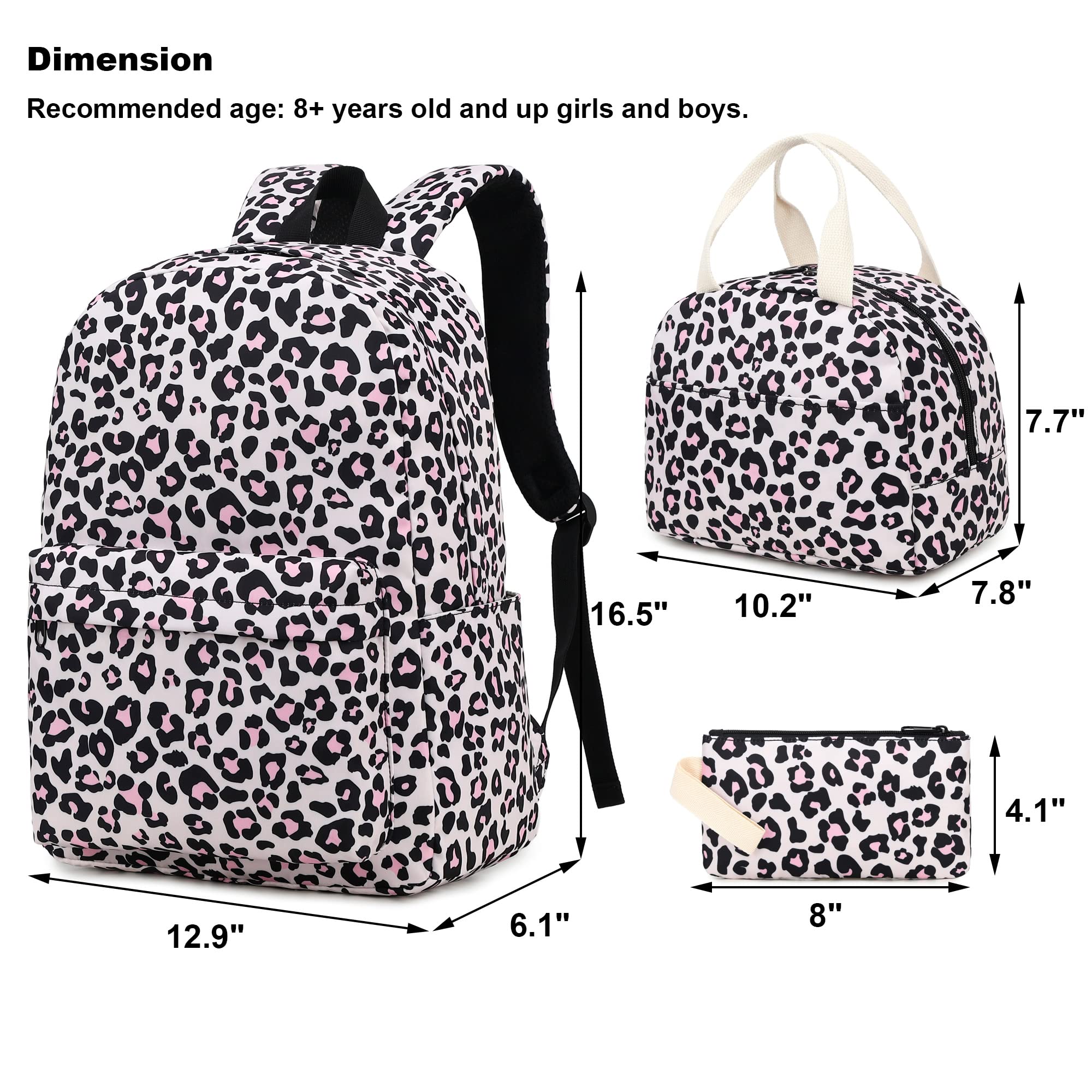 Mimfutu Leopard School Backpack for Teen Girls, 3-in-1 Kids Backpack Bookbag Set School Bags with Lunch Box Pencil Case
