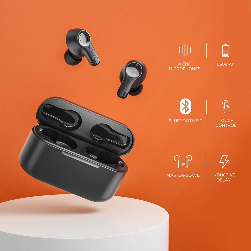omthing Airfree Model EOOO2BT - in-Ear Headphones with 4 environmetal Noise Cancellation Microphones - Bluetooth 5.0 - Earbuds Earphones - Black