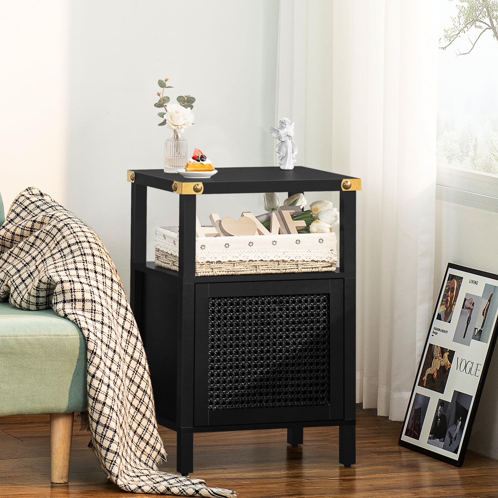 Lerliuo Nightstand Boho Side Table with Rattan Decorated Door, Wood Night Stand with Storage