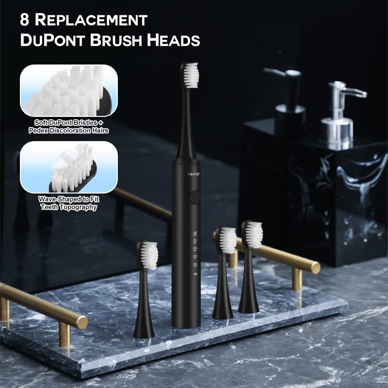 TETHBY Electric Toothbrush with 4 Toothbrush Heads,Sonic Rechargeable Toothbrushes 5 Optional Modes,IPX7 Whitening Electric Tooth Brushes 4 Hours Charge for 30 Days,Tooth Brushes 2-Minute Timer, Black
