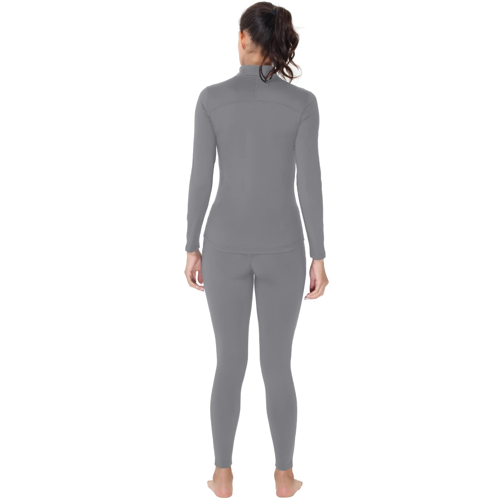 Odoland Thermal Underwear for Women, Winter Warm Skiing Base Layer Set Mock Turtleneck Sport Top & Bottom Light Grey