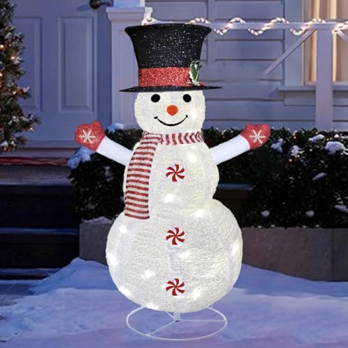 Lighted Christmas Snowman Decorations, 4FT Outdoor Collapsible White Snowman with Built-in LED Lights, Pre-Lit Pop Up Xmas Snowman, Light Up for Holiday New Year Winter Decor (lint)