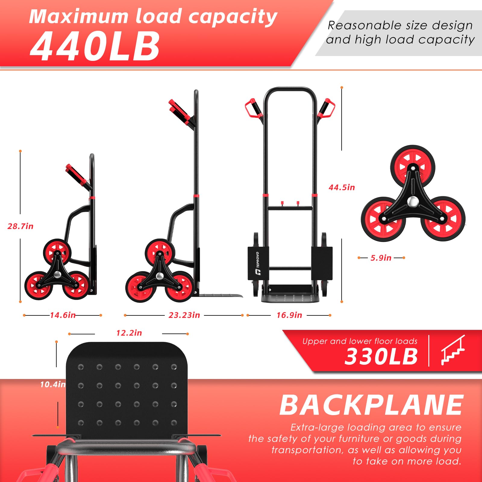 Teprovo Stair Climbing Hand Truck 440lb,Heavy Duty Dolly Cart for Stairs,Thickened Upgraded Steel Tube Folding Stair Climbing Trolley with Six Wheels and Telescoping Handle