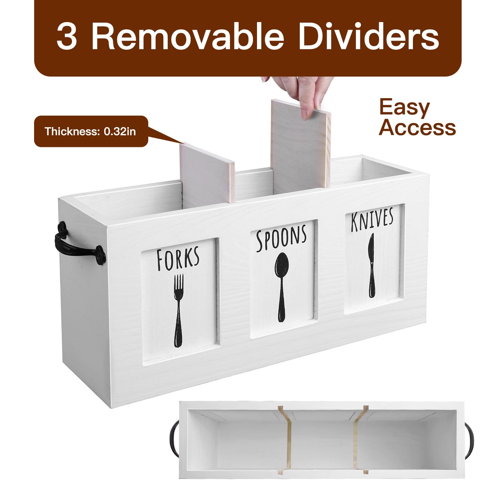 MINCORD Wood Flatware Organizer, Rustic Utensil & Silverware Holder for Forks, Spoons, Knives, Farmhouse Kitchen Cutlery Caddy Bin Countertop - White