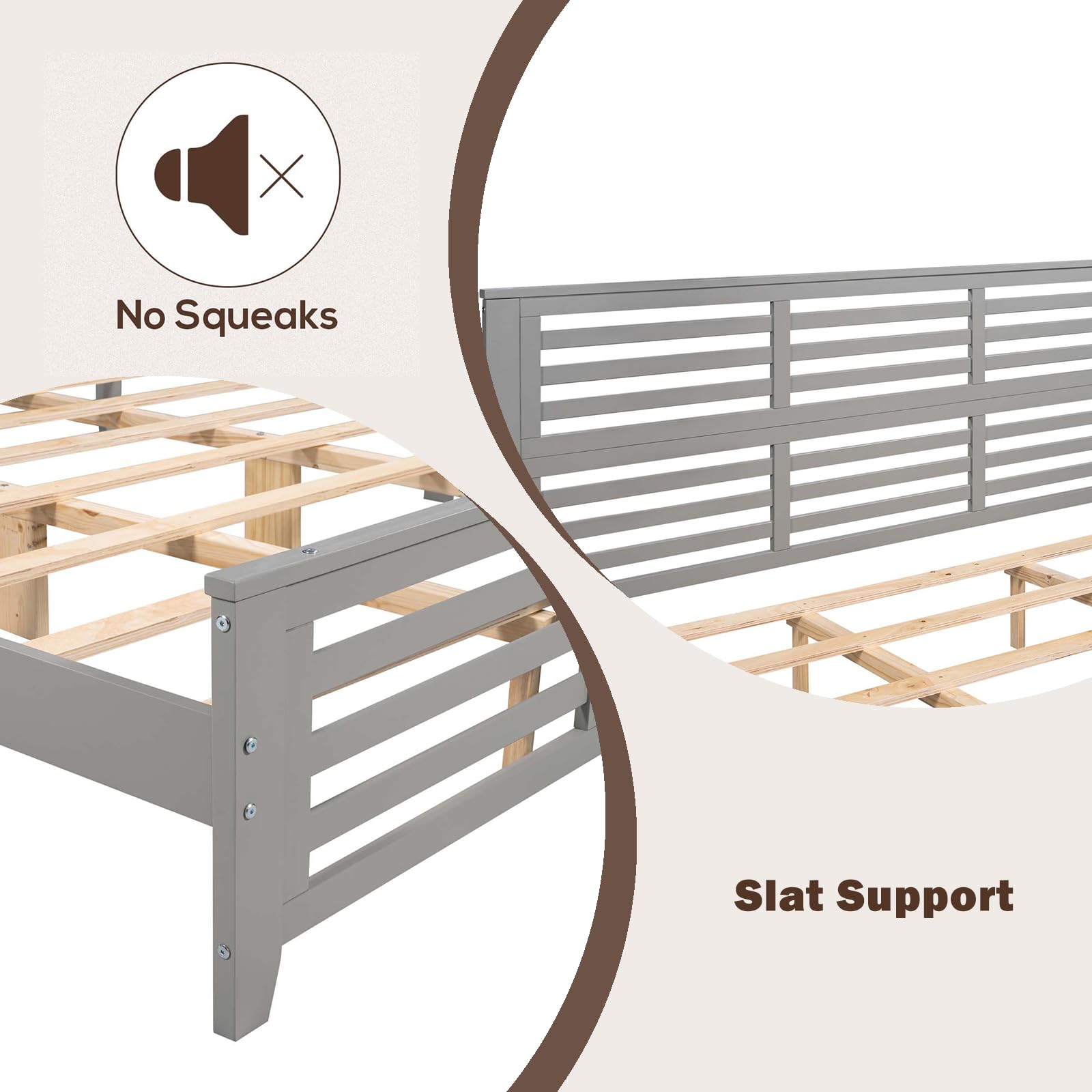 King Size Bed Frame, King Bed Frame with Horizontal Strip Hollow Shape Headboard, Pine Wood Platform Bed Frame for Teens Adults Bedroom, Noise Free/No Box Spring Needed (Gray)