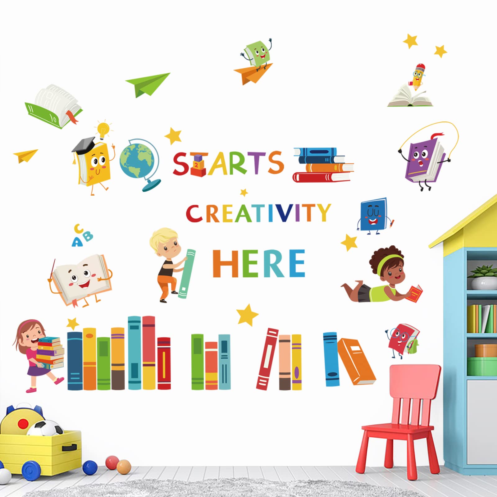 wondever Reading Corner Wall Stickers Books Kids Inspirational Educational Quote Peel and Stick Wall Art Decals for Baby Nursery School Corner Classroom