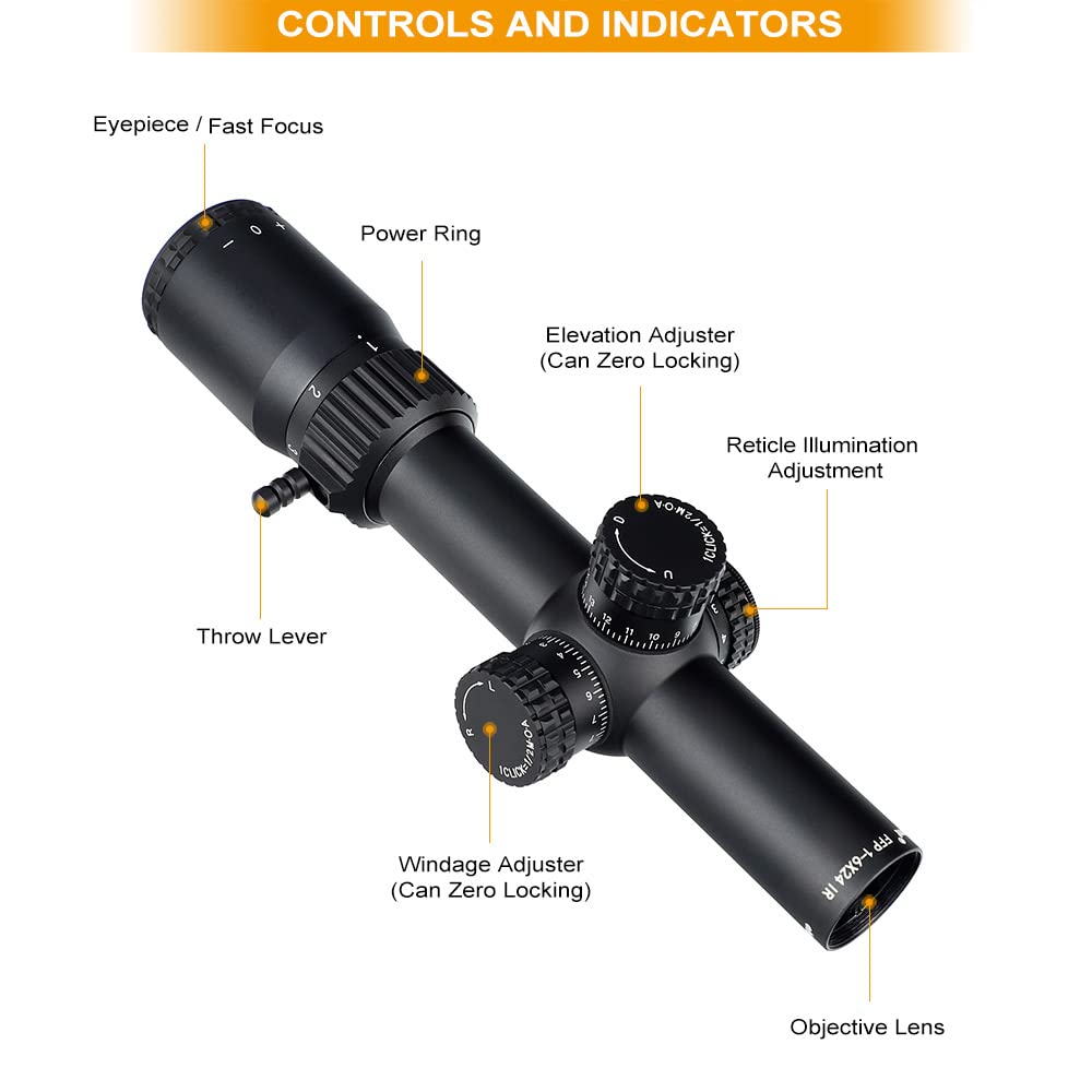 ohhunt 1-6x24 Rifle Scope First Focal Plane 1-6x FFP Scope Red Illuminated Reticle with Scope Rings 30mm Picatinny High Profile