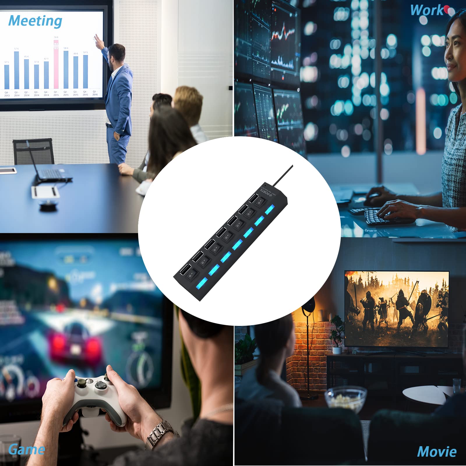 USB Splitter Multi Port USB 2.0 Hub, 7 Port with Independent On/Off Switch and LED Indicators USB A Port Data Hub, Suitable for PC Computer Keyboard Laptop Mobile HDD, Flash Drive Camera Etc
