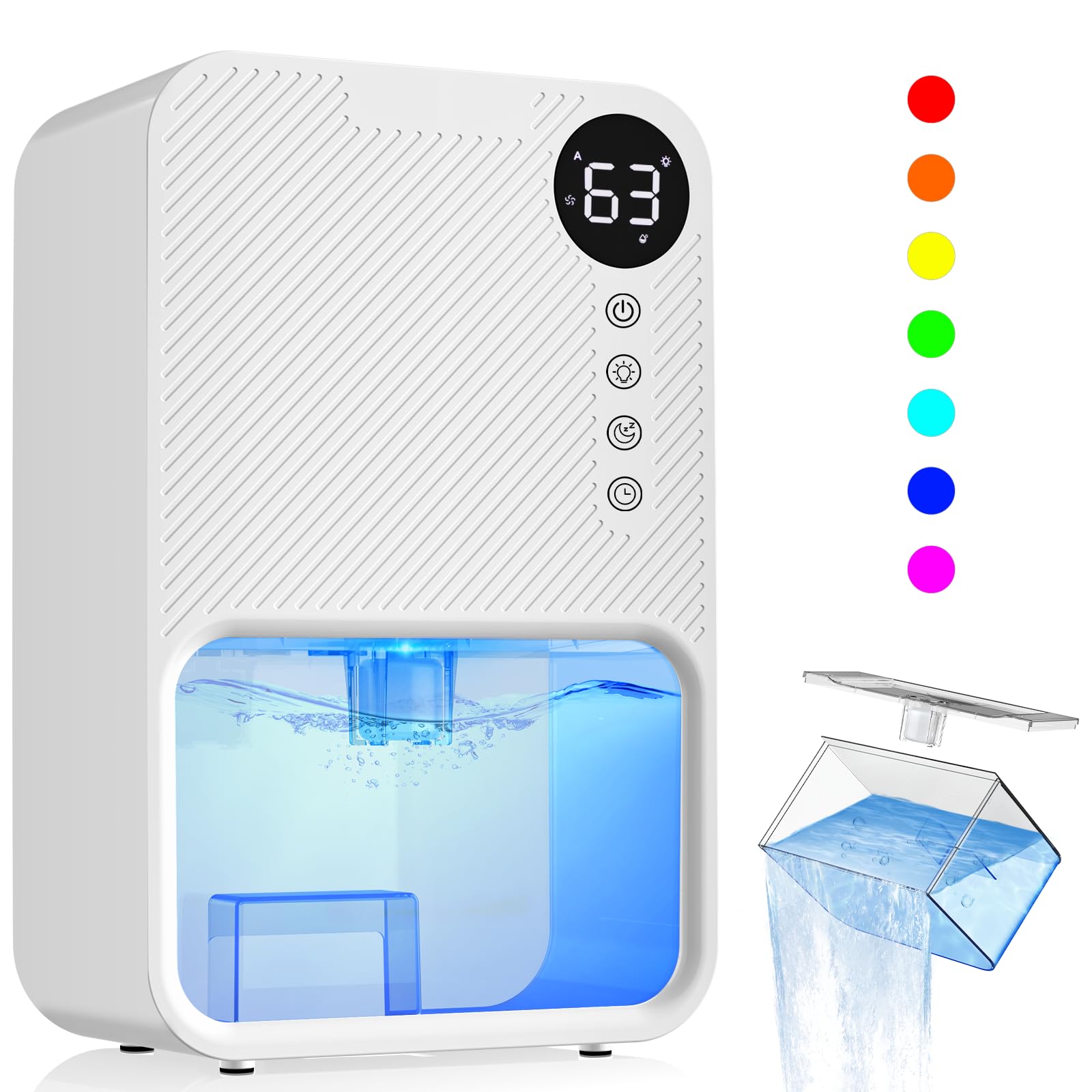 Ssoiew 128 OZ Dehumidifier for Bedroom, 592 Sq.ft Semiconductor Silent Dehumidifier with 7-Color Light, Timer, Sleep Mode, Auto-Shutoff, Small Dehumidifier for Bathroom, Basement, Closet, RV, white