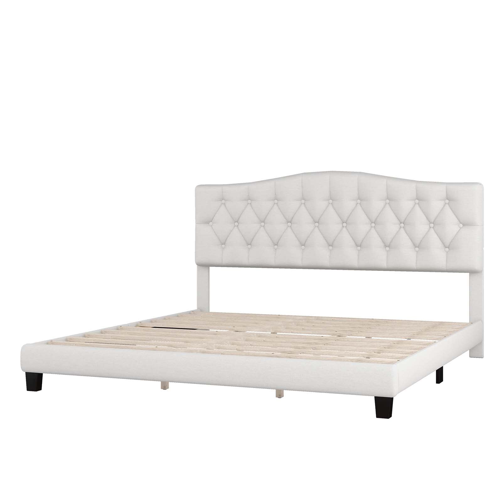 King Size Upholstered Platform Bed Frame with Saddle Curved Headboard and Diamond Tufted Details, Wooden Slats Support, No Box Spring Needed, Under Bed Storage (King)