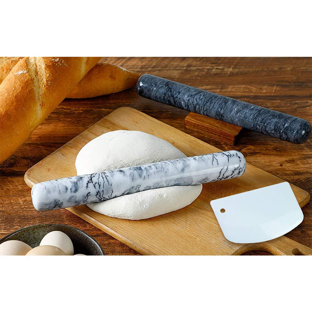 Marble Rolling Pin with Wood Cradle 12 Inch Black, Non-Stick Dough Roller Professional Essential Kitchen Utensil French Heavy Duty for Baking, Pizza, Fondant, Pie Crust, Cookie, Pastry