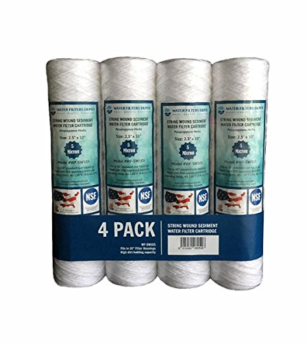 WFD, WF-SW105 2.5"x10" 5 Micron String Wound Sediment Water Filter Cartridge, Fits in 10" Standard Size Housings of Undersink RO or Filtration Systems (4 Pack, 5 Micron)