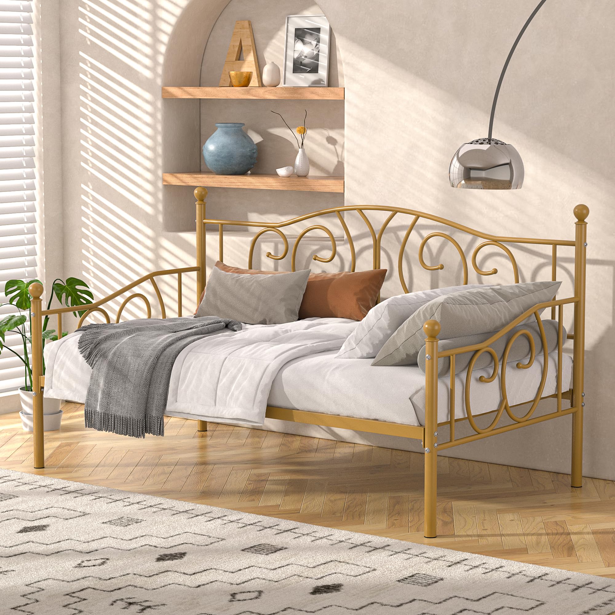 VECELO Twin Daybed Frame, Metal Day Bed with Classic Headboard, Multifunctional Platform Beds for Bedroom, Living Room, Guest Room, No Boxing Spring Needed, Black