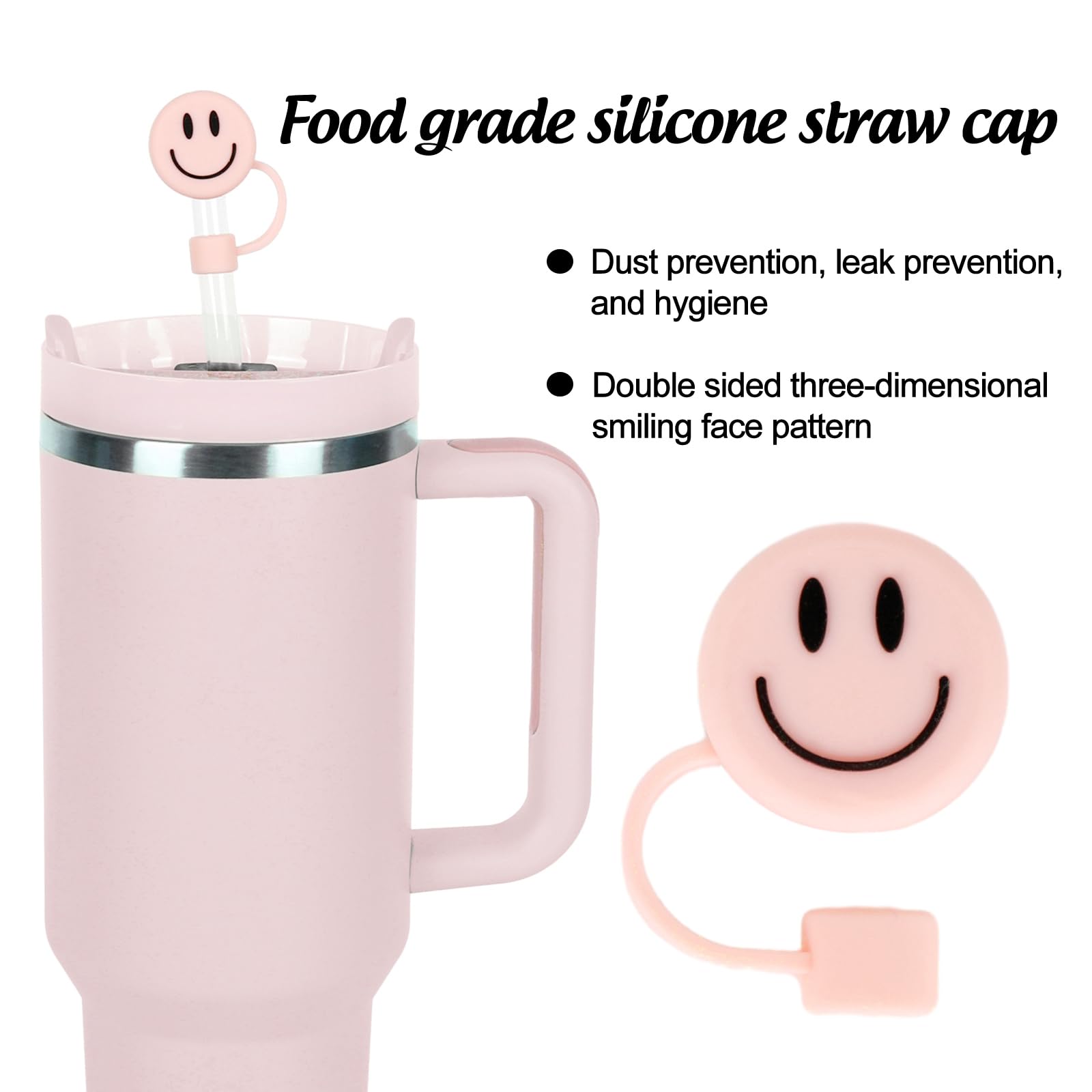 Whaline 4Pcs Smile Face Straw Covers Silicone Reusable Straw Topper Double Sided Pattern Straw Tip Covers 10mm 0.4 Inch for 30 & 40 OZ Tumbler with Handle(Pink,Purple,Mint Green,Cream Color)