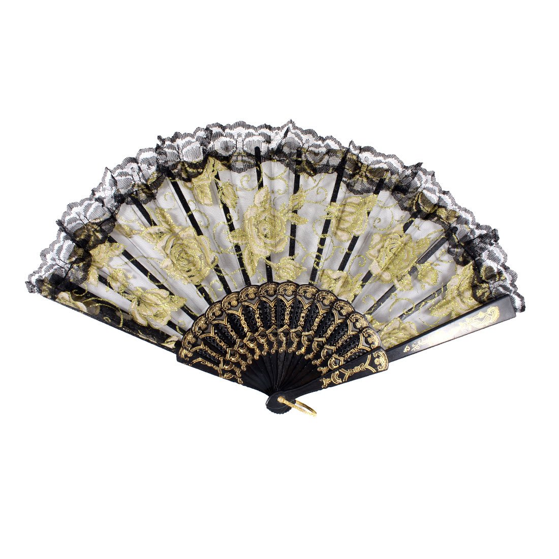Qtqgoitem Nylon Fabric Flower Printed Plastic Ribs Folding Hand Fan Gold Tone (model: fb7 e20 cf4 74b 12d)