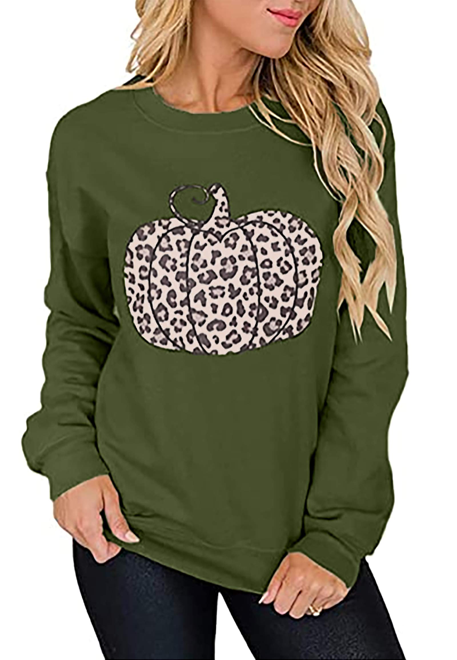 MOUSYA Thanksgiving Sweatshirt Halloween Pumpkin Sweatshirt Women Leopard Pumpkin Fall Pullover Tops Blouse
