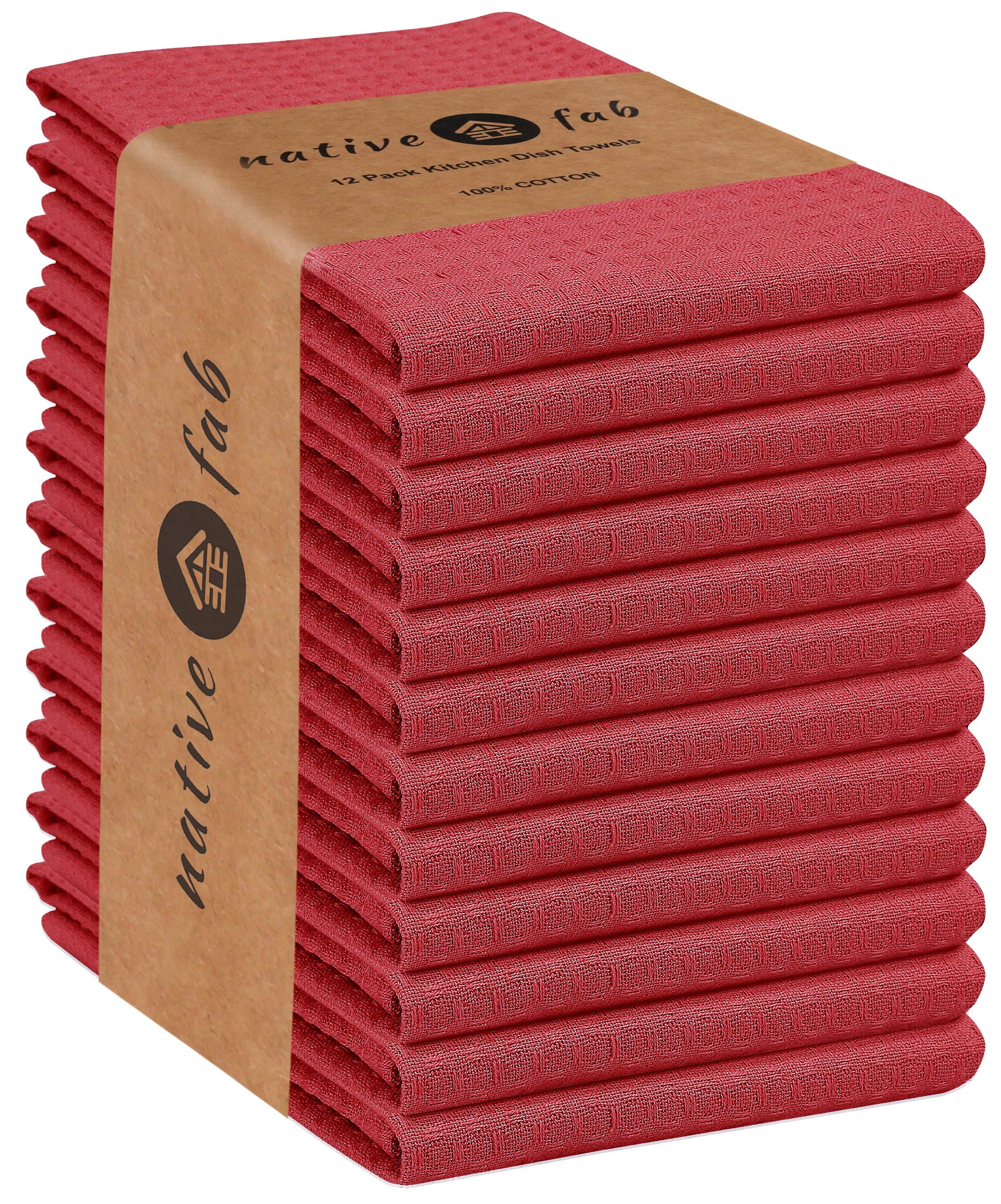 Native Fab Waffle 12 Pack 100% Cotton Kitchen Dish Towels 16x26 Absorbent Durable Washable, Tea Towels, Dish Cloths, Bar Towels, Cleaning Towels, Kitchen Towels with Hanging Loop, Red