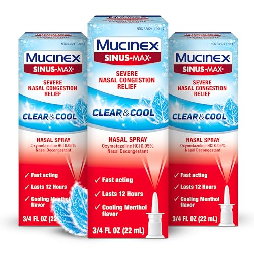 Mucinex Sinus-Max Nasal Spray Decongestant, 12 Hour Over-The-Counter Medication Nose Spray for Sinus Relief, Nasal Decongestants For Adults & Sinus Congestion, Cooling Menthol, 0.75 Fl Oz (Pack of 3)