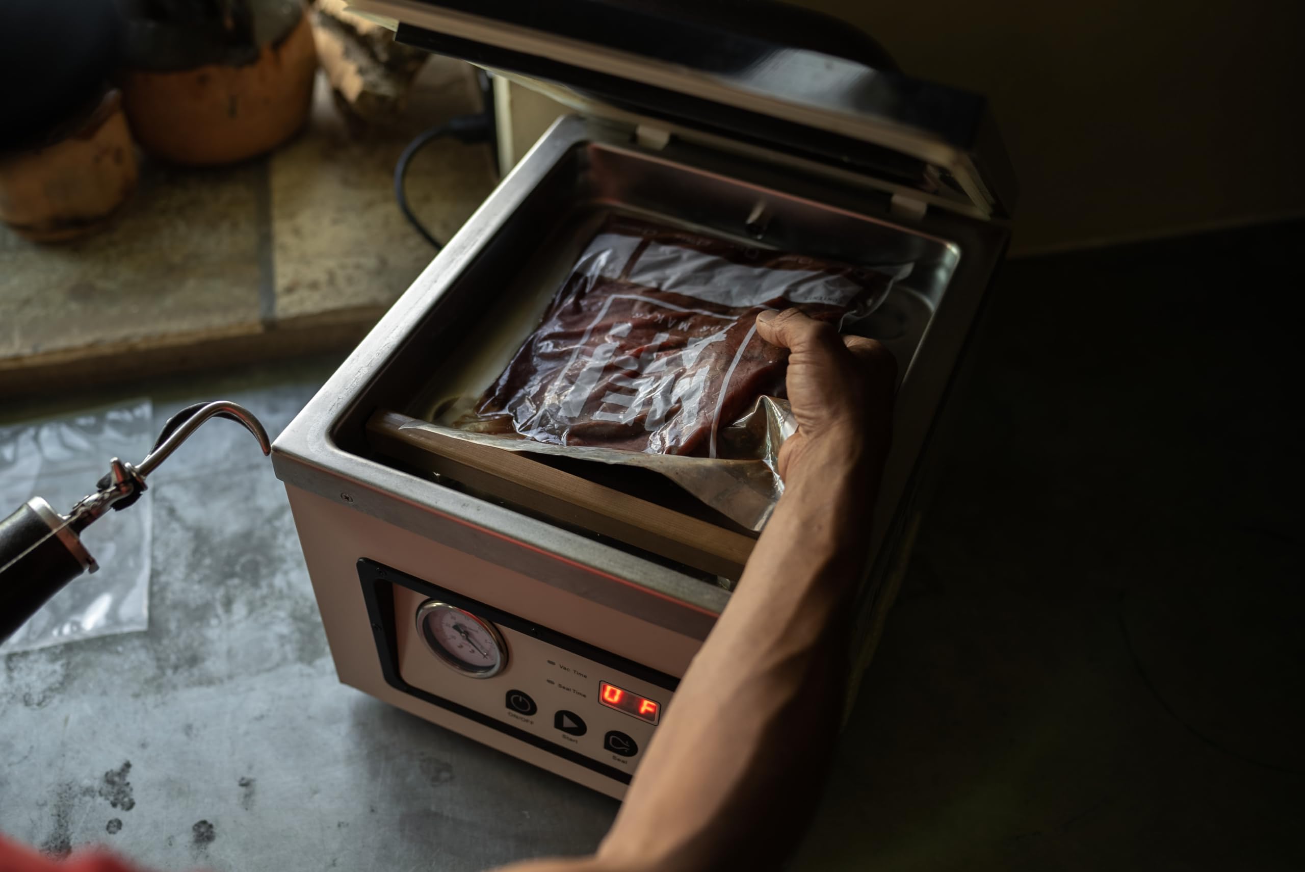 MEAT! Chamber Vacuum Sealer with 12" Sealing Bar, Adjustable Seal Time, Vacuum Gauge, and Vacuum Bag Sampler Pack for Preserving Meat and Vegetables