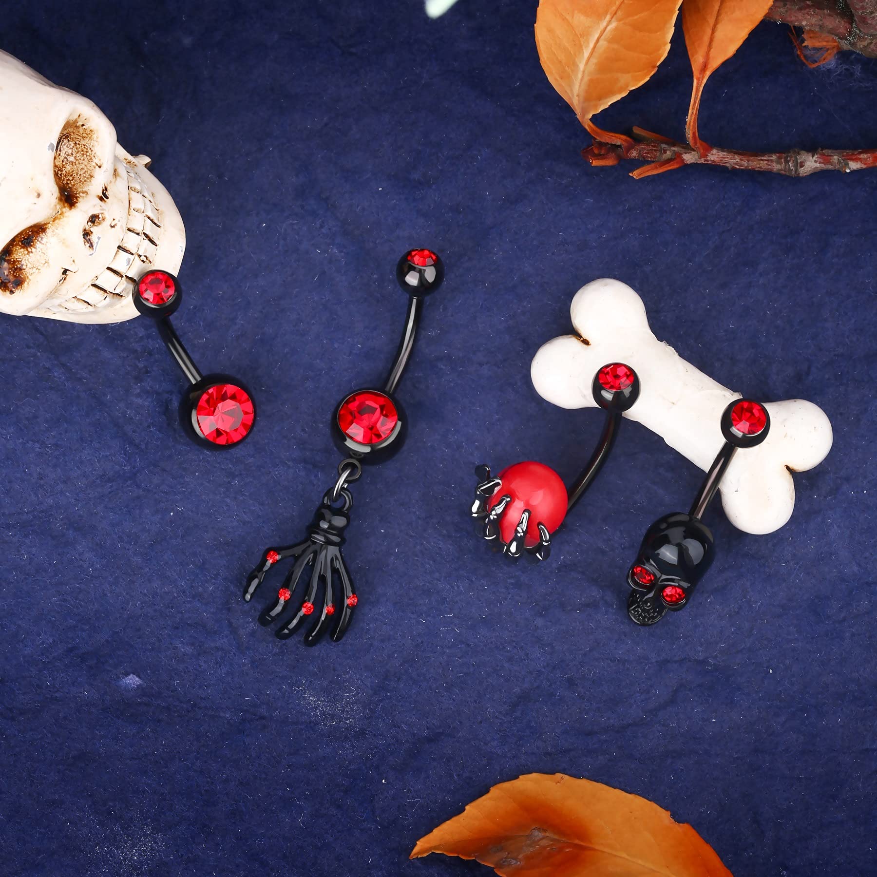 OUFER 4PCS Belly Button Rings Navel Rings Surgical Steel Black Ghost Belly Piercing Jewelry Belly Rings for Women