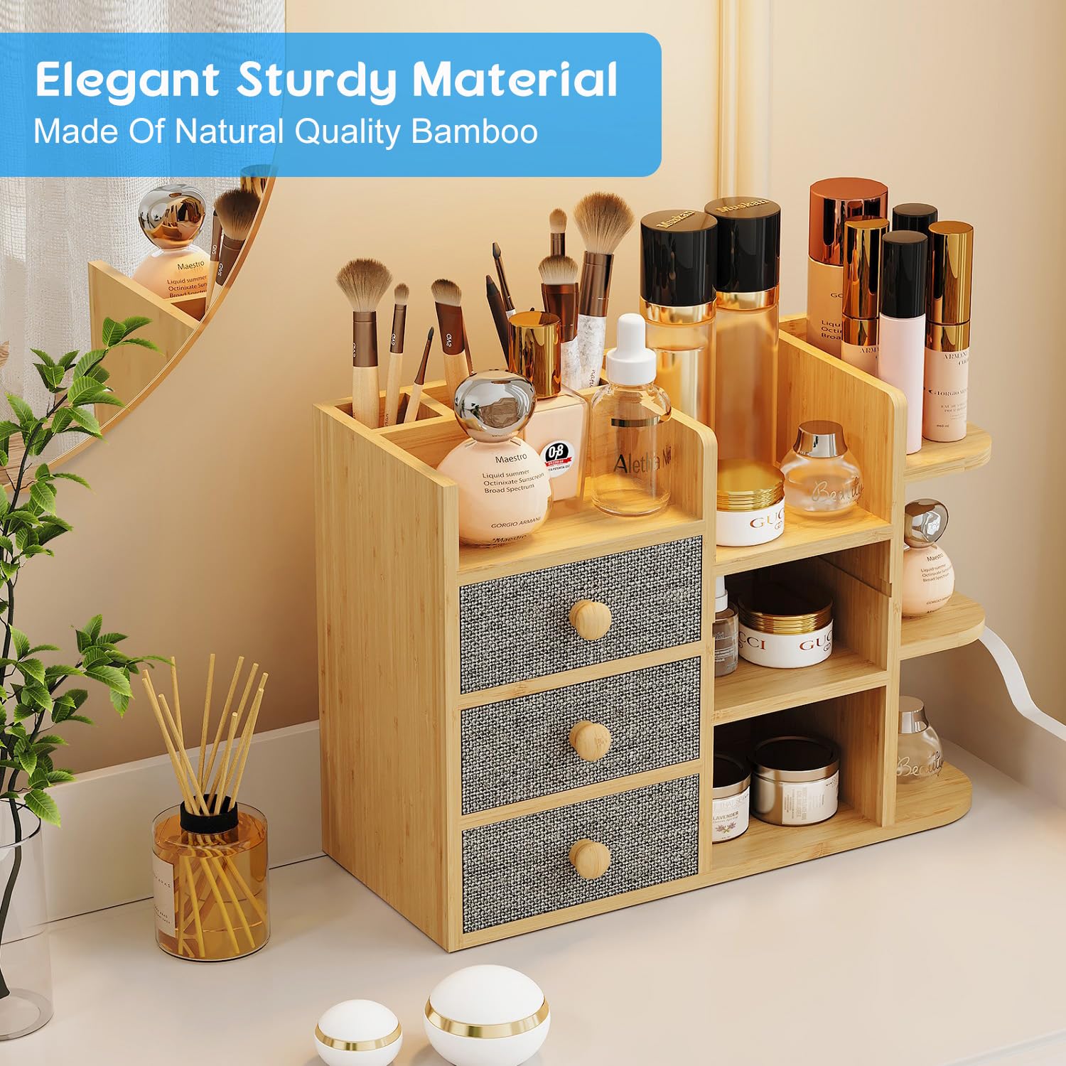 Makeup Organizer Countertop, Cosmetic Skincare Organizers With 3 Makeup Brush Holders/3 Drawers/7 Storage Shelves, Elegant Bamboo Make Up Storage Organizers Holder For Counter Vanity Dresser Bathroom
