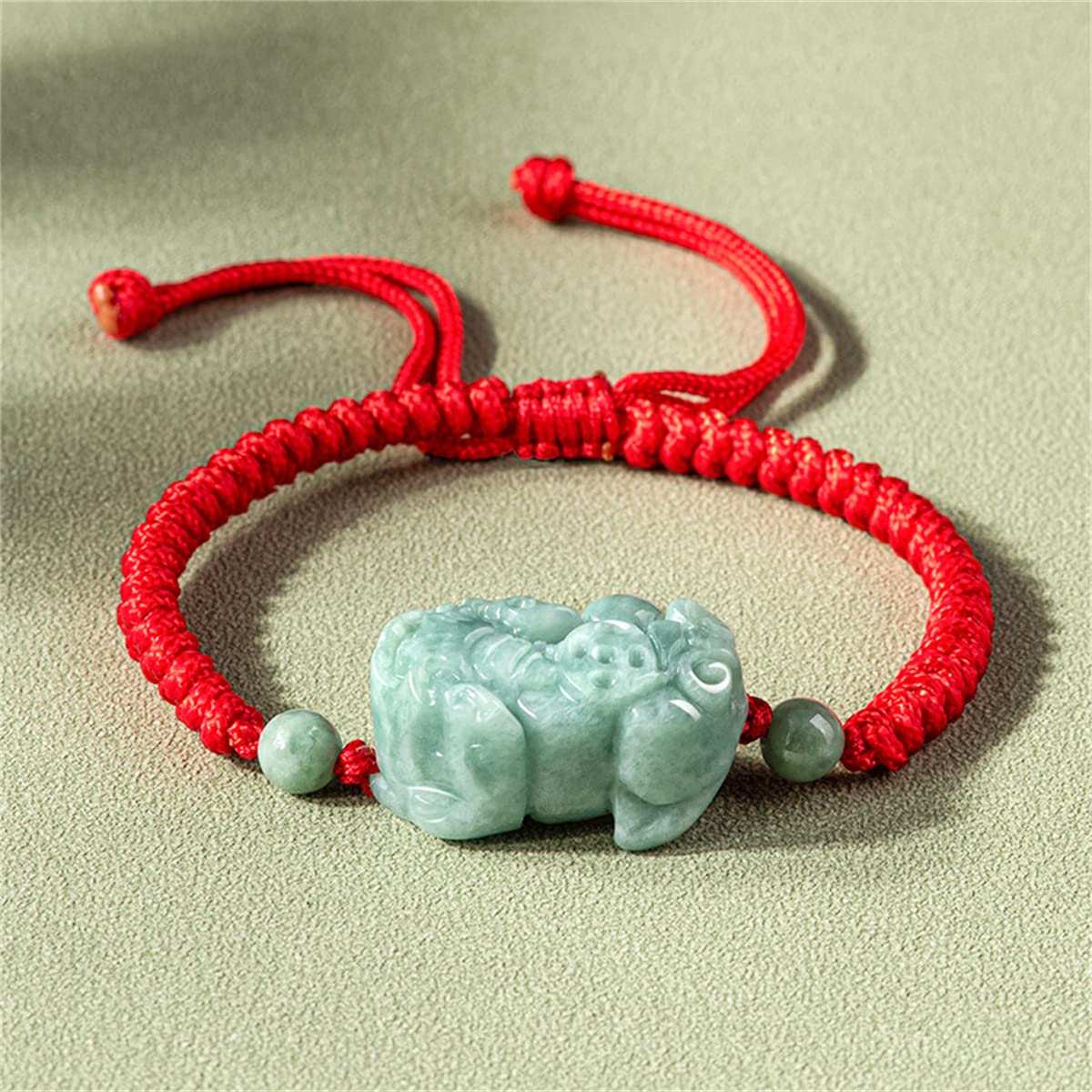 Qordelia Natural Grade A Jadeite Jade Pixiu Red String Bracelet, Bell