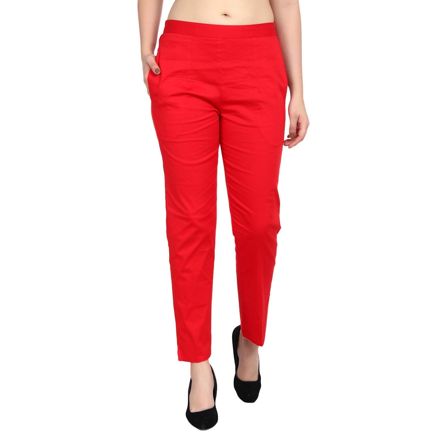 ladyline Womens Cotton Stretchable Straight Trouser Pants Elastic Closure One Pocket (Red-4XL)