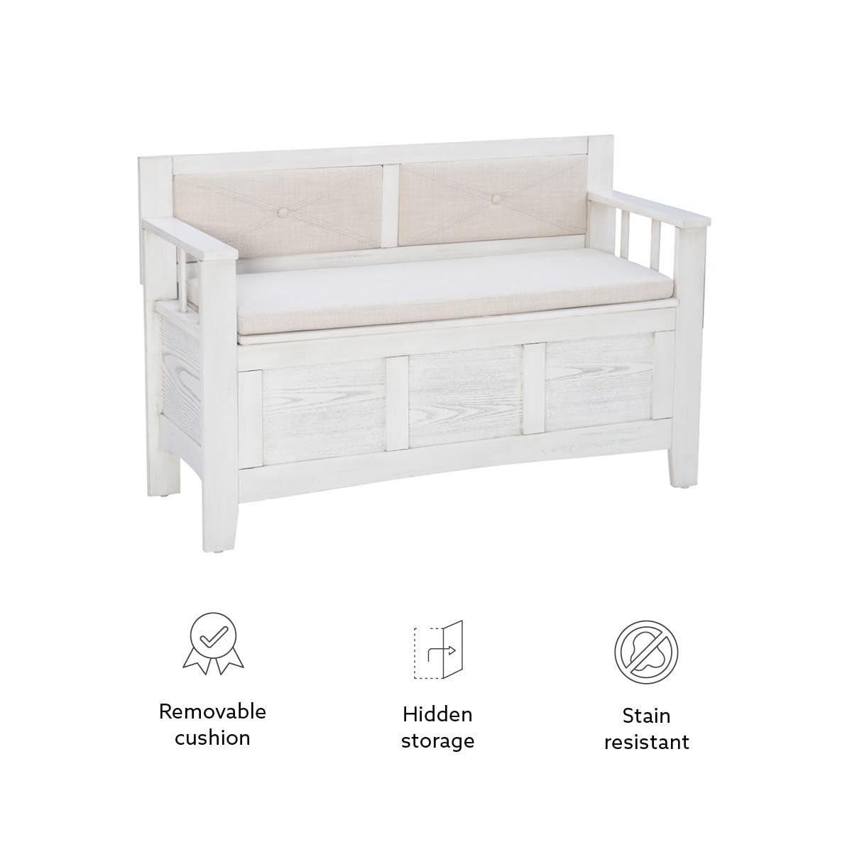Linon Carlton White Storage Bench with Beige Upholstered Back and Cushioned Seat, Smokey Grey