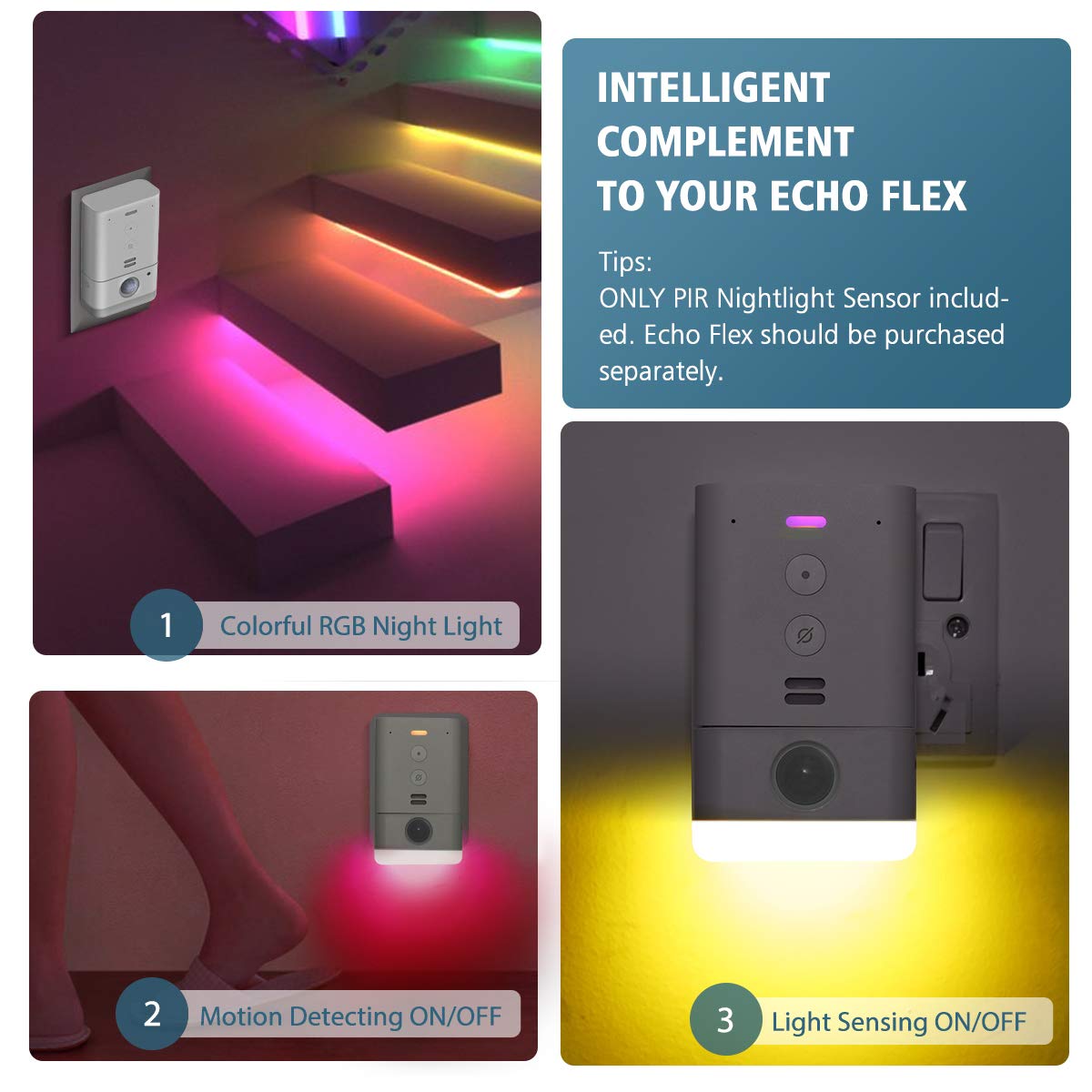MoKo [Upgraded Version Smart Night Light & Motion Sensor Works with Echo Flex, 2 in 1 Multifunction WiFi Enabled APP Remote Control RGB Nightlight and Smart PIR Motion Sensing for Echo Flex, 1 Pack