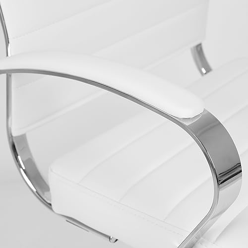 LANDSUN Home Office Chair Mid Back Desk Chair PU Leather Ribbed Executive Swivel Computer Chair with Wheels and Armrests Soft Padded Adjustable Height Conference Task White