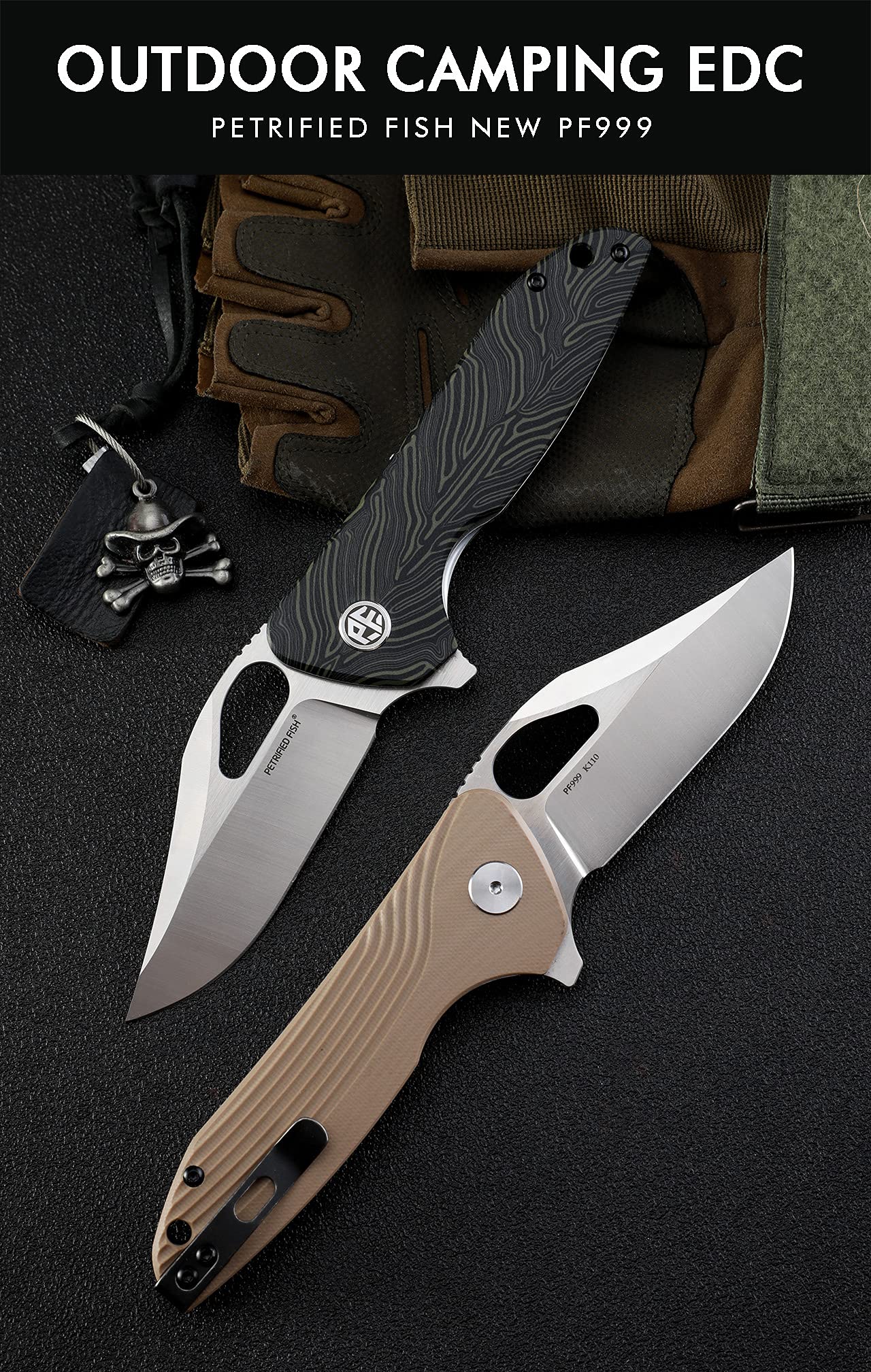 Petrified fish PF999 Original k110 steel blade folding knife ceramic ball bearing G10 handle outdoor camping hunting edc tool (Black)