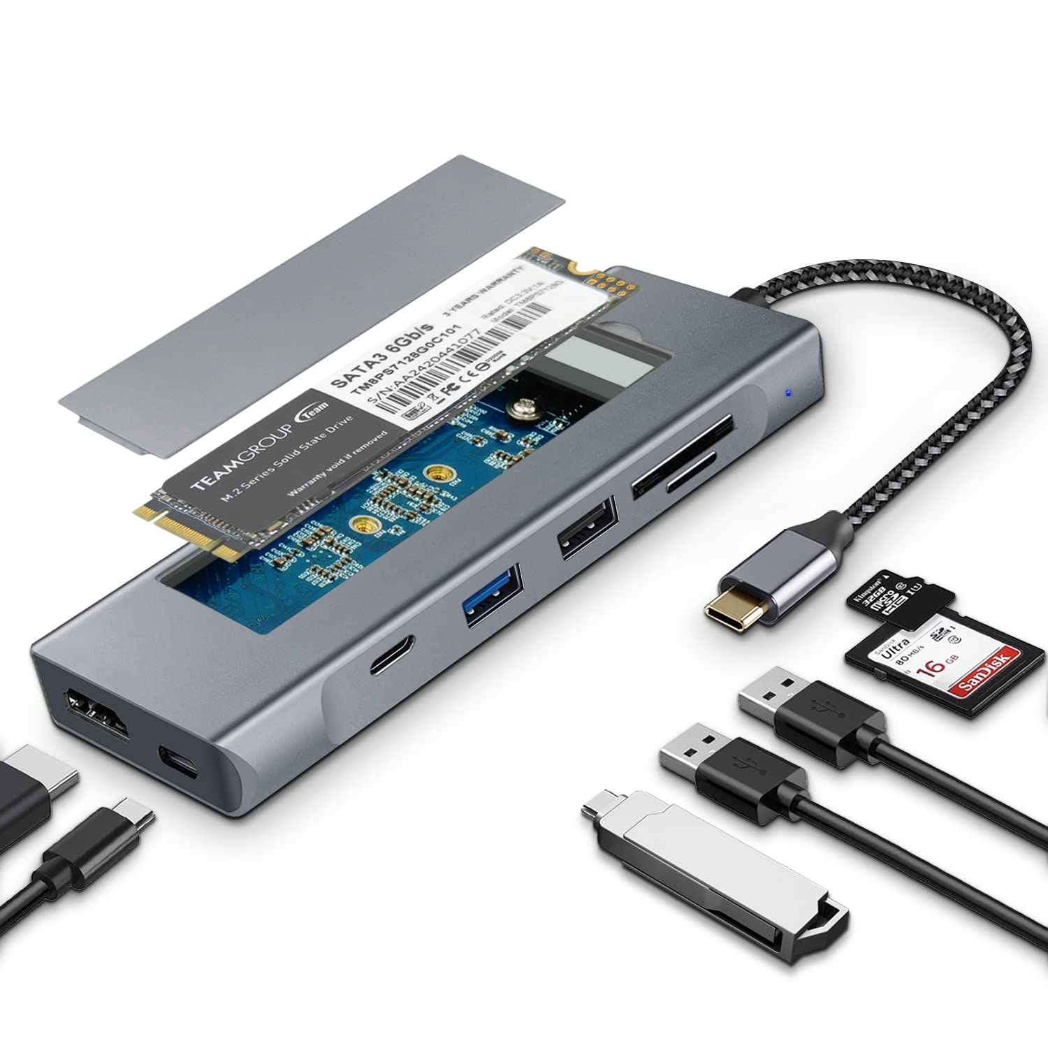USB-C Hub with M.2 NVMe/SATA SSD Enclosure, 8 in 1 USB C Hub Adapter Fits PCIe 3.0 NVMe M.2 SSD,2.5-inch SATA HDD with 4K HDMI,10Gbps USB-C 3.1&USB 3.1,USB 2.0,SD/Micro SD,100W PD Compatible with XPS