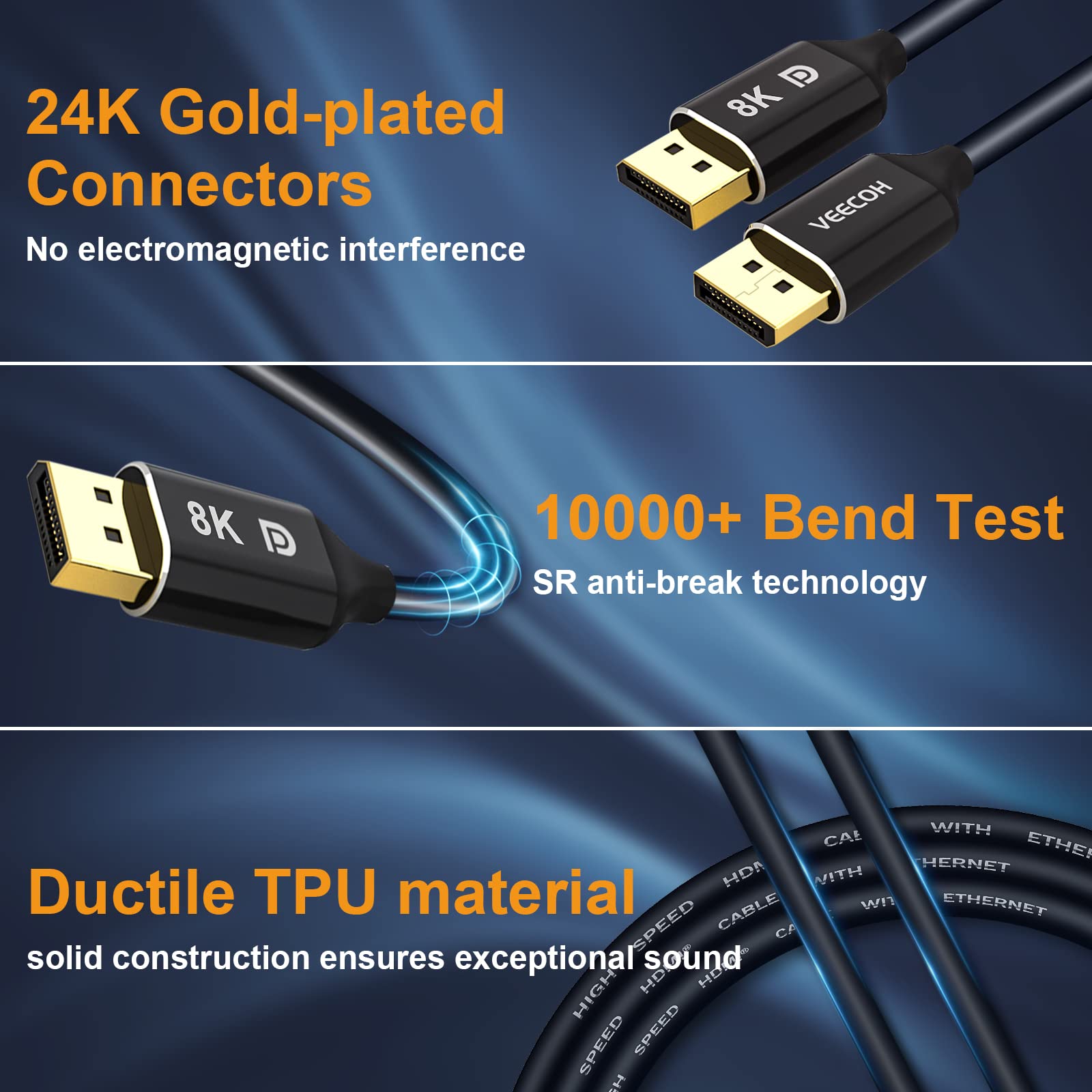 VEECOH 8K DisplayPort Cable 1.4 15FT/5M,8K@60Hz,4K@144Hz,2K@165Hz HBR3 Support 32.4Gbps,HDR,HDCP 2.2,FreeSync G-Sync,Braided Display Port for Gaming Monitor,Graphics,PC
