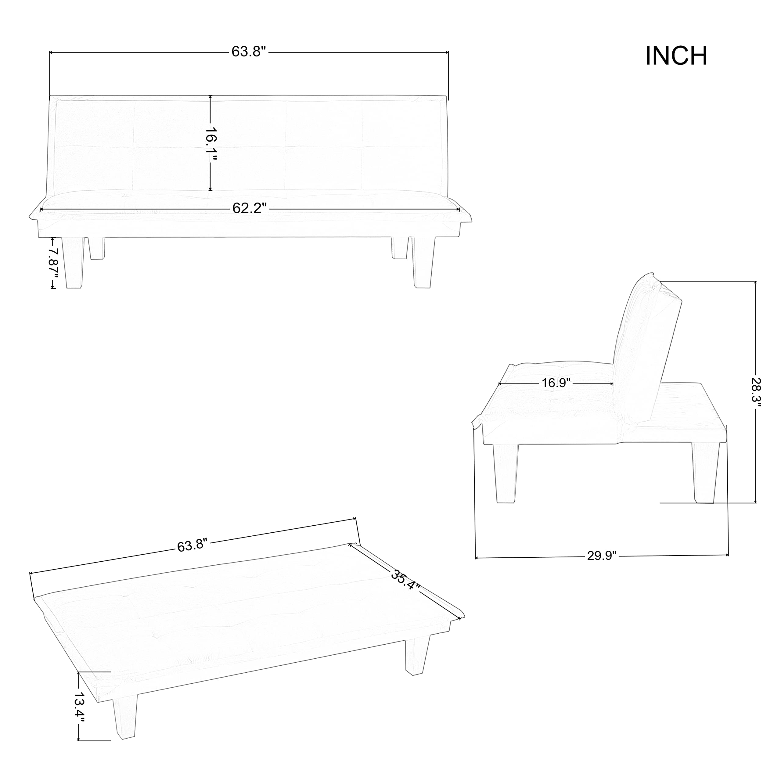 LCH Convertible Folding Sofa Bed, Futon Sofabed with 3 Adjustable Positions for Living Room, Home, 63.8” x29.9”x 28.3”, Black