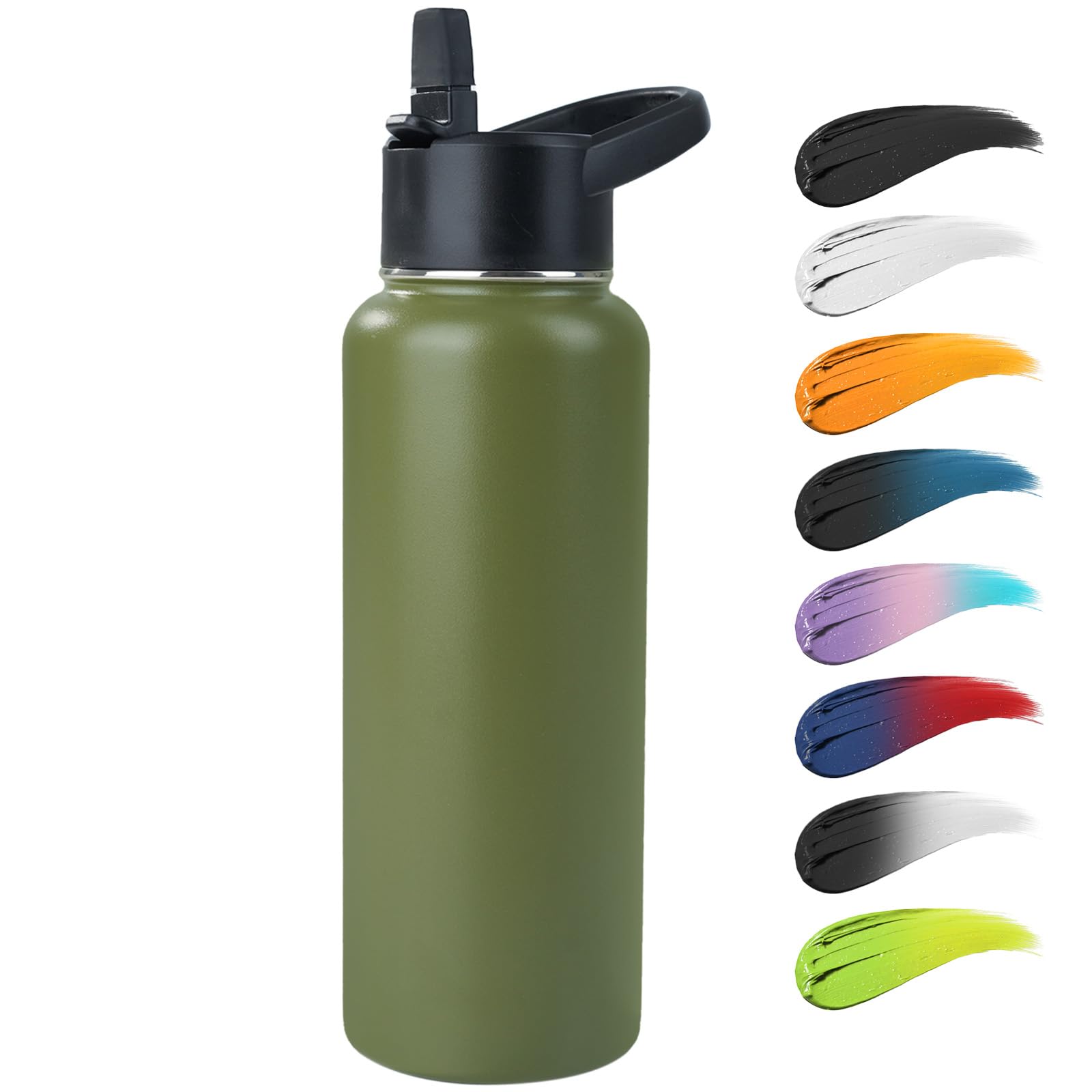 Kerilyn Stainless Steel Water bottle with Straw & Wide Mouth Lid, Wide Rotating Handle, 40oz Double Wall Vacuum Insulated Water Bottle Leak Proof, BPA Free, Keep Cold and Hot, 40oz, Army Green