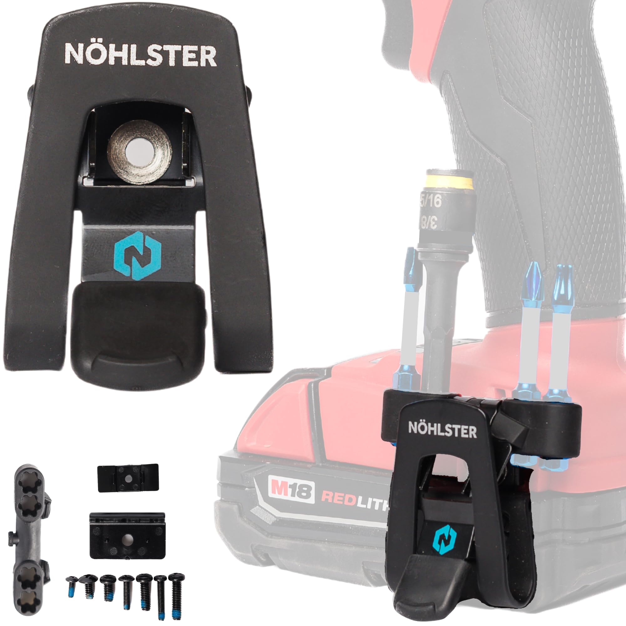 NĆHLSTER Locking Tool Clip for Cordless Drill, Impact Driver, Finish Nailer, Cordless Tools - No Holster Needed - Bit Holder Included