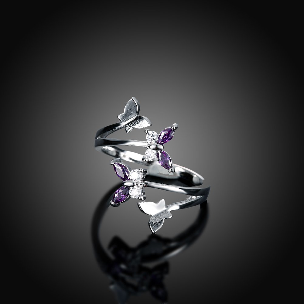 MAIHAO Women's Adjustable Size 925 Sterling Silver Butterfly White Birthstone CZ Butterfly Shape Purple Austrian Crystals Rings