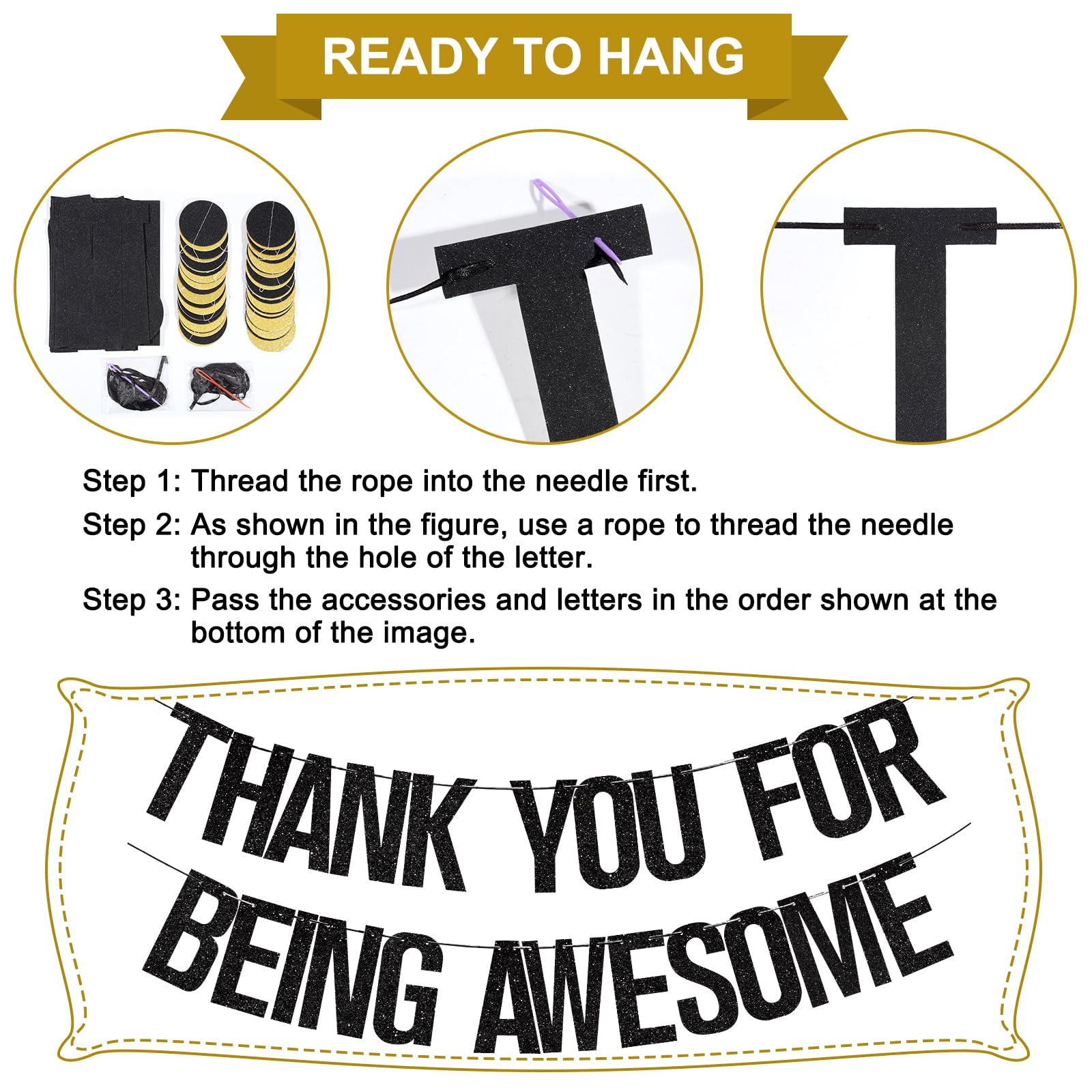 Thank You for Being Awesome Banner, Black Glitter Banner Party Decorations with 2pcs 6.6FT Hanging Circle Dot Garland Streamer for Graduation Retirement Farewell Going Away Office Work Goodbye Party