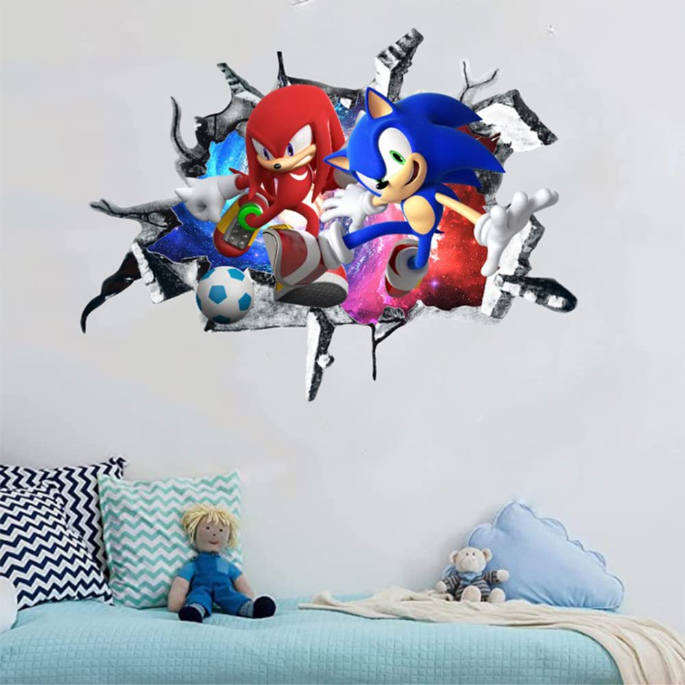 Wall Decals 3D Broken Wall Sonic Poster Stickers Removable PVC Cartoon for Boys Kids Room Party Decoration