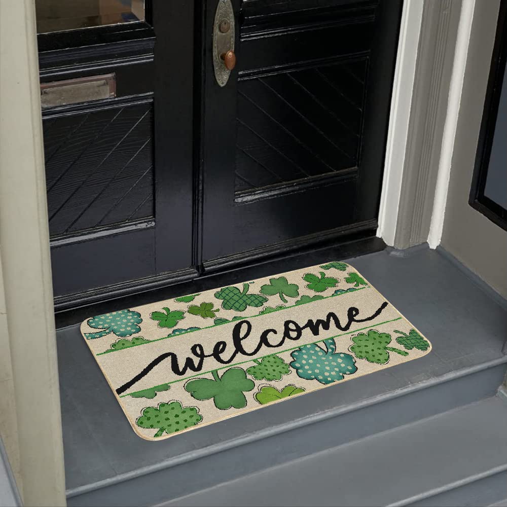 St Patricks Day Decorative Doormats, Seasonal Spring Welcome Green Lucky Shamrock Rugs Holiday Low-Profile Floor Mat Switch Mat for Indoor Outdoor 17 x 29 Inch DM051