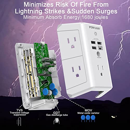 Outlet Extender with Night Light, USB Wall Charger, POWLIGHT 5-Outlet Surge Protector Power Strip with 4 USB Ports, 1680 Joules Multi Plug Outlet with Spaced Outlets for Home, Office, White