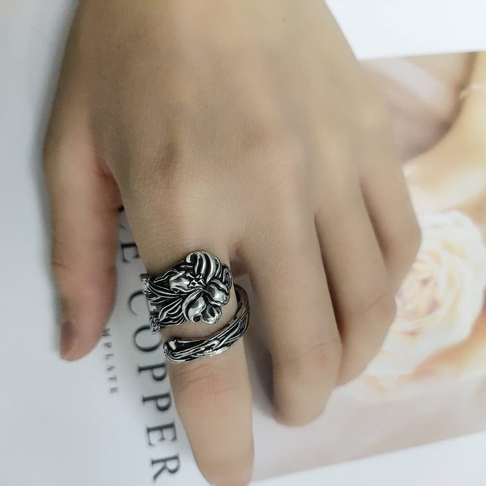 OIDIMS Lily Flowers Spoon Adjustable Rings Vintage Finger Open Ring Bands for Women Men Jewelry Gifts Xmas