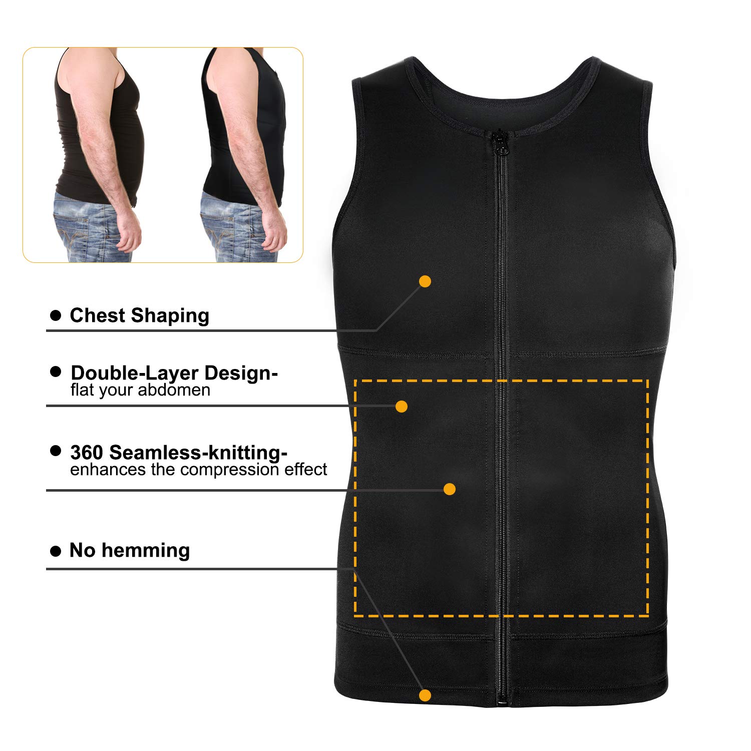 MOLUTAN Mens Compression Shirt Belly Slimming Body Shaper Vest Sleeveless Zipper Undershirt Tank Top Shapewear for Stomach and Back (Black, Small)