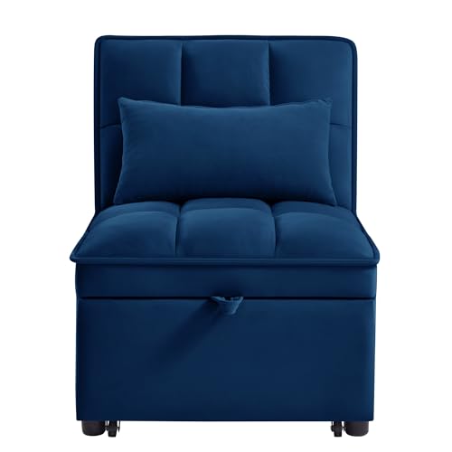YOPTO Multi-Function Convertible Single Sleeper Sofa Bed with Storage Pockets,Velvet Tufted Pull-Out Couch Bed 4in1 W/Adjustable Backrest & Pillows,Chaise Lounge for Living Room,Small Space,Navy