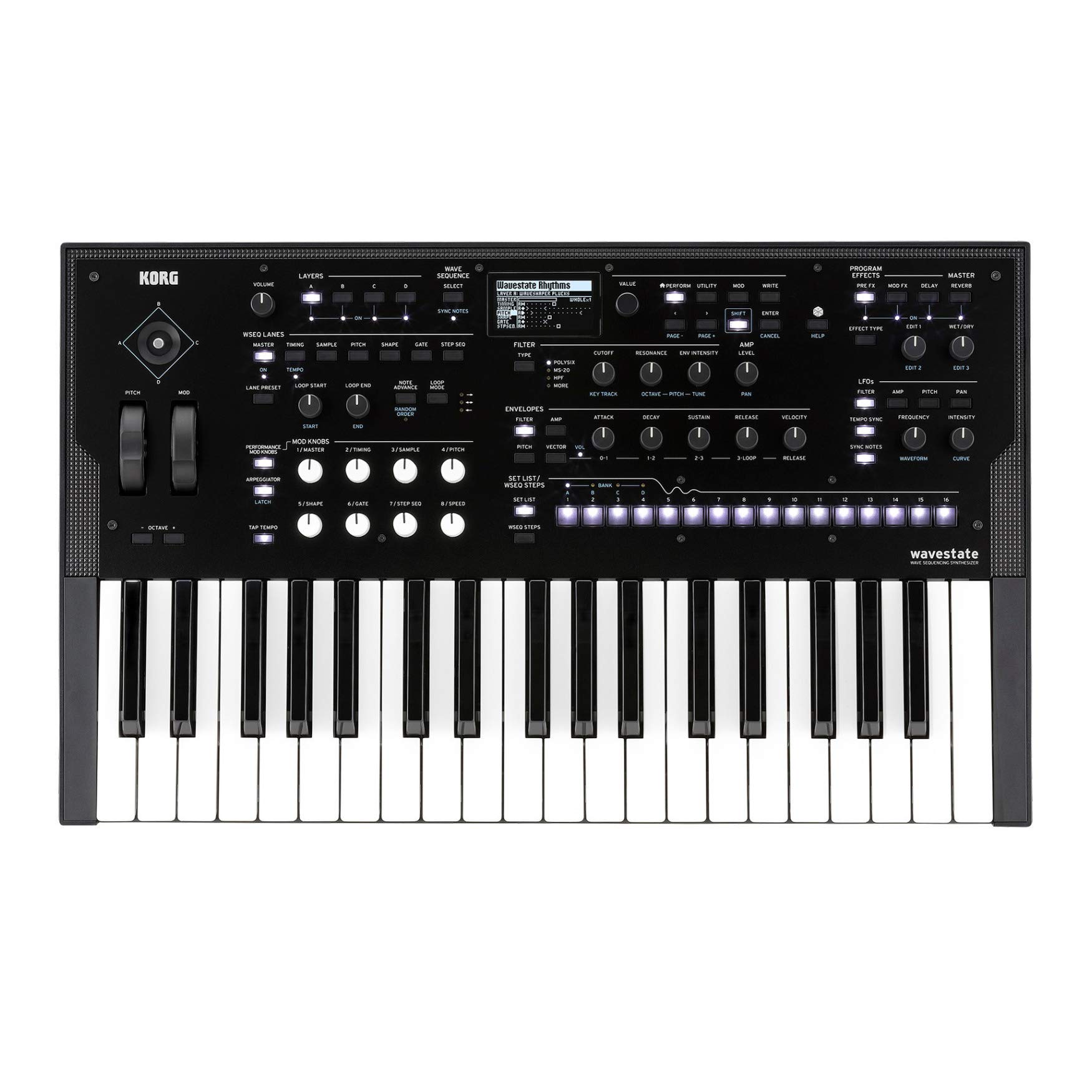 Korg Wavestate Wave Sequencing 37-Key Digital Synthesizer Bundle with Sustain Pedal, 1/4-Inch TRS Cables (2-Pack), and 4-Port USB 3.0 Hub (5 Items)