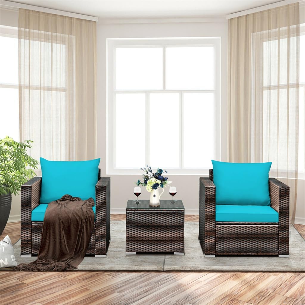 LIUZH 3PCS Patio Rattan Furniture Set Conversation Sofa Cushioned Turquoise