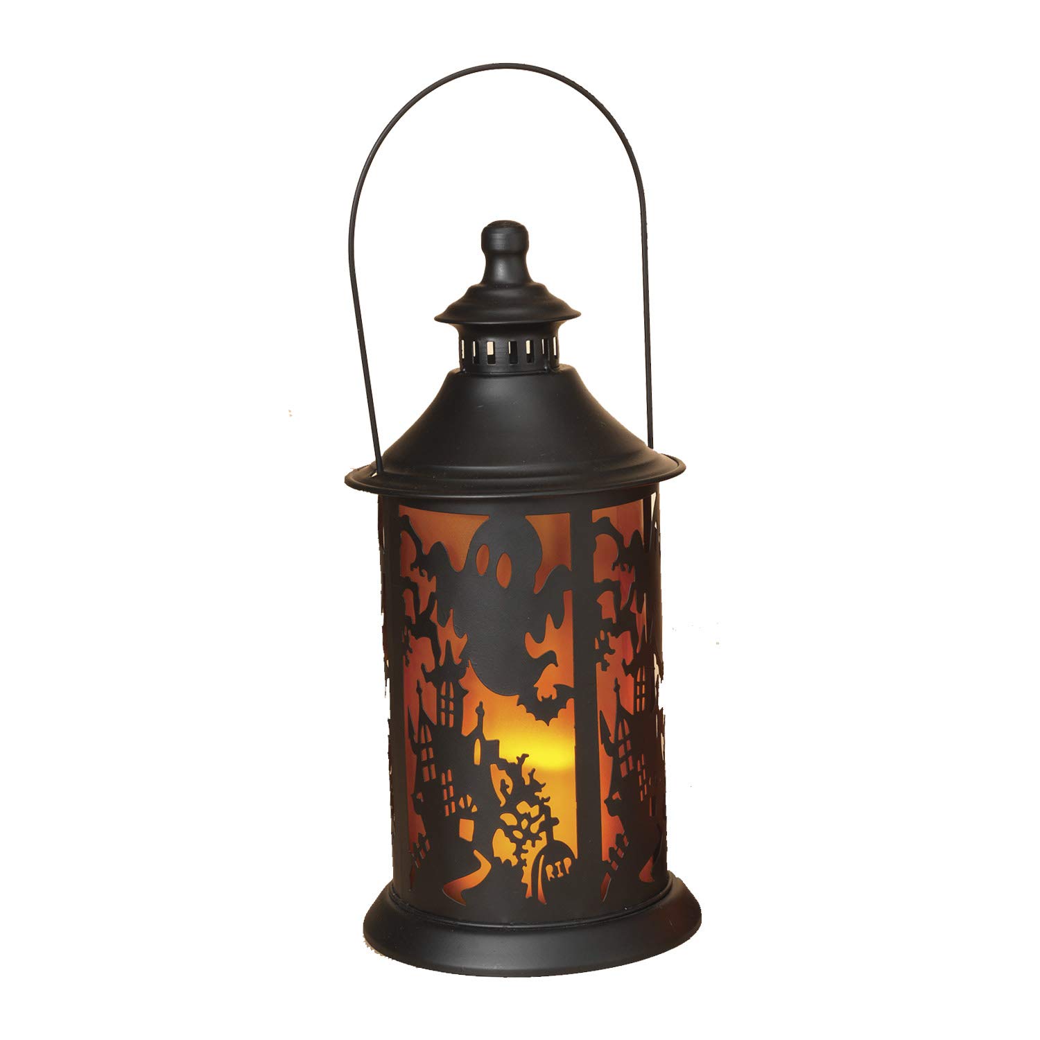 One Holiday Way 14-Inch LED Lighted Black Metal Halloween Lantern with Spooky Ghost Silhouette – Indoor Outdoor Decorative Light Up Hanging Tabletop Haunted House Decoration Porch, Mantel Home Decor
