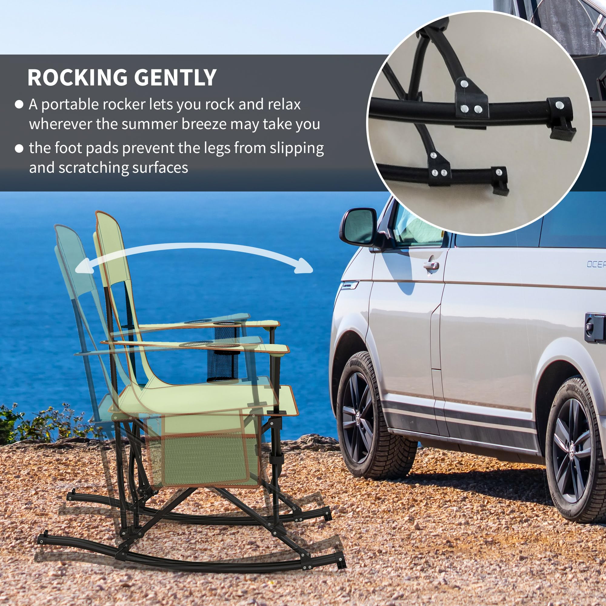 Outsunny Outdoor Rocking Chair Folding Camping Chair Portable Rocker with Armrests, Side Cup Holders, & Carry Bag, Green