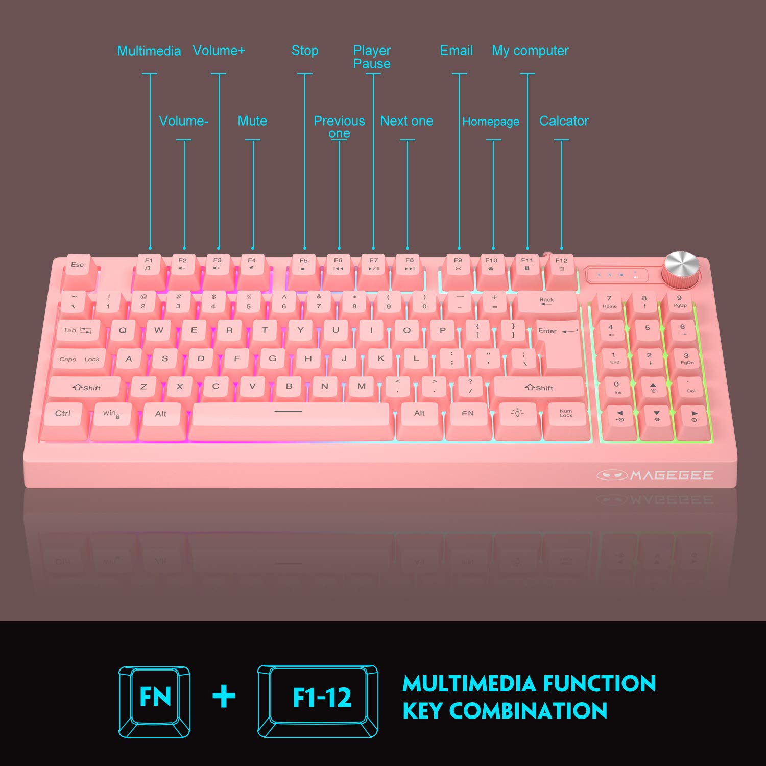 MageGee GT698 TKL Gaming Keyboard, 89 Keys RGB Rainbow Backlit Computer Keyboard, Anti-Ghosting USB Wired Gaming Keyboard for Windows Gaming PC Laptop (Pink)